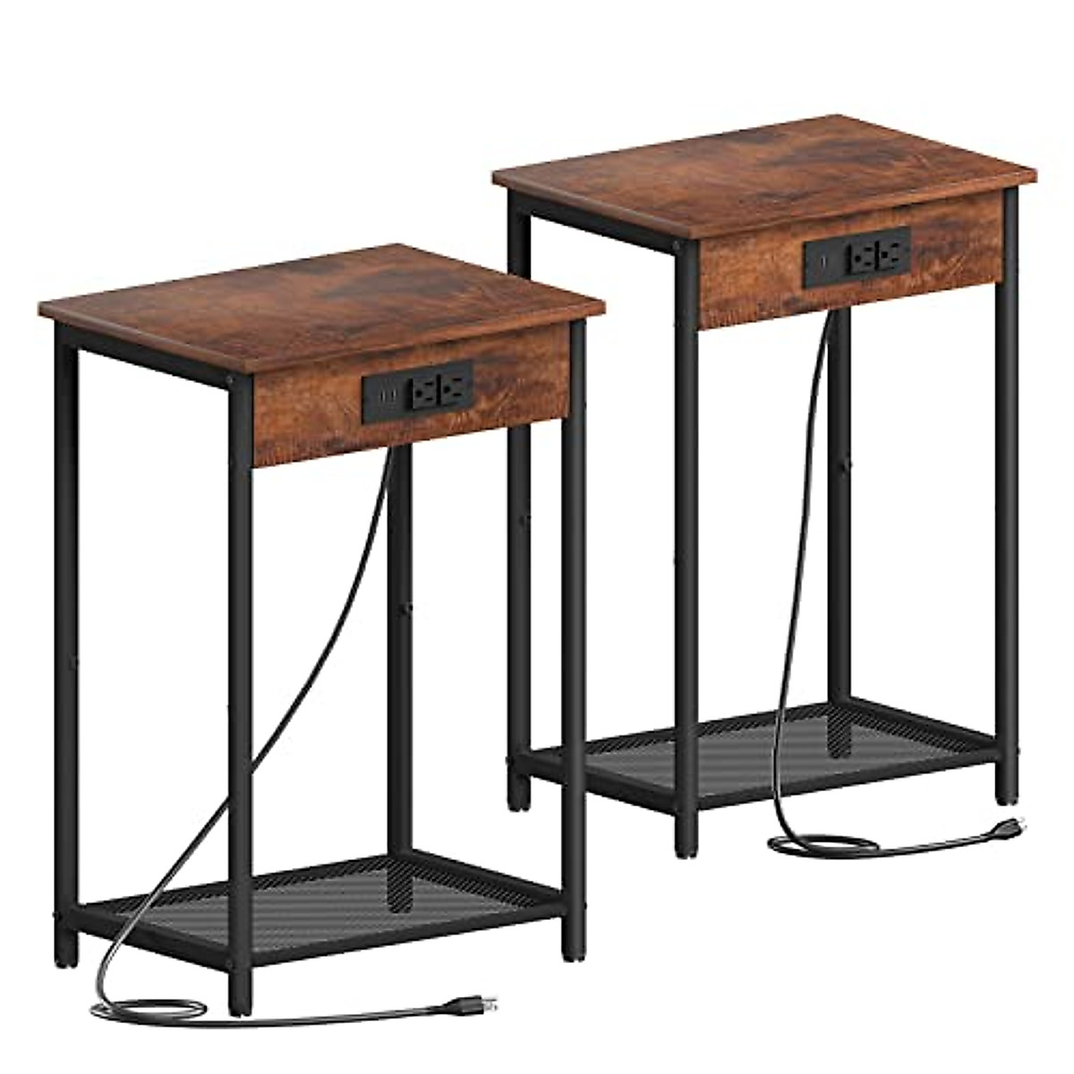 Yoobure Side Table with Charging Station, End Tables Living Room Set of 2, Industrial 2 Tier Nightstand with USB Ports, Rustic Narrow Bedside Table with Storage Shelf for Bedroom, Office, Small Spaces