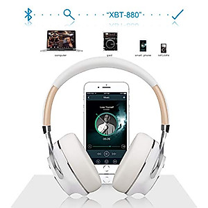 Riwbox Bluetooth Headphones, XBT-880 Wireless Bluetooth Headphones Over Ear with Microphone and Volume Control Wireless and Wired Foldable Headset for iPhone/iPad/PC/Cell Phones/TV (White&Gold)