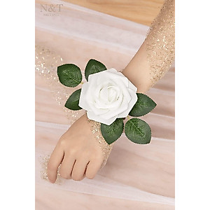 N&T NIETING Artificial Flowers, 25pcs Fake Flowers White Rose Perfect for DIY Wedding Bridesmaid Bridal Bouquets Centerpieces Home Flower Arrangement Decoration