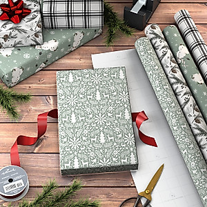 Hallmark Recyclable Neutral Christmas Wrapping Paper (4 Rolls: 100 Sq. Ft. Ttl) White and Sage Green Evergreen Pinecones, Rustic Snowmen, Plaid, Nordic Deer and Foliage