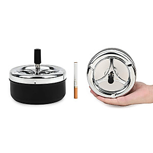 Round Push Down Ashtray with Spinning Tray Metal Cigarette Ash Tray Large 5.2 Inches Home Ashtray for Outside Patio - Black
