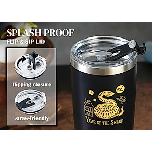 Onebttl Chinese New Year 2025 Gifts - Year of The Snake - Decorations for Lunar New Year - 20oz/590ml Double Wall Vacuum Insulated Stainless Steel Tumbler - with Lid and Straw - Black