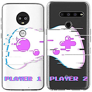 Toik Matching Couple Cases for Apple iPhone 11 Pro Xs Max Xr 10 X 8 Plus 7 6s 5s SE Cover Protective Teen Boyfriend Glitch Art Cute Geek Apple Slim Players BFFs Flexible Gamepad Design Girlfriend
