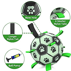 QDAN Glow in The Dark Dog Toys Soccer Ball with Straps, Interactive Dog Toys Puppy Birthday Gifts, Dog Tug Water Toy, Indoor/Outdoor Light Up Dog Balls for Small & Medium Dogs（8 Inch Size 3）