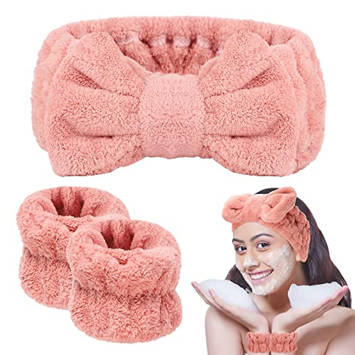 3 Pieces Face Wash Headband and Wristband Set, Spa Headband Makeup Skincare Headbands Wrist Towels Wrist Bands for Washing Face (Pink)