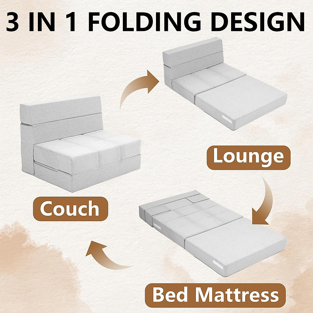 VINYUSE Folding Sofa Bed,Convertible Sleeper Chair Floor Couch,7 inch High Resilience Memory Foam, Futon Sofa Sleeper Chair with Washable Cover for Living Room/Bedroom 76" x 40" x 7",Grey