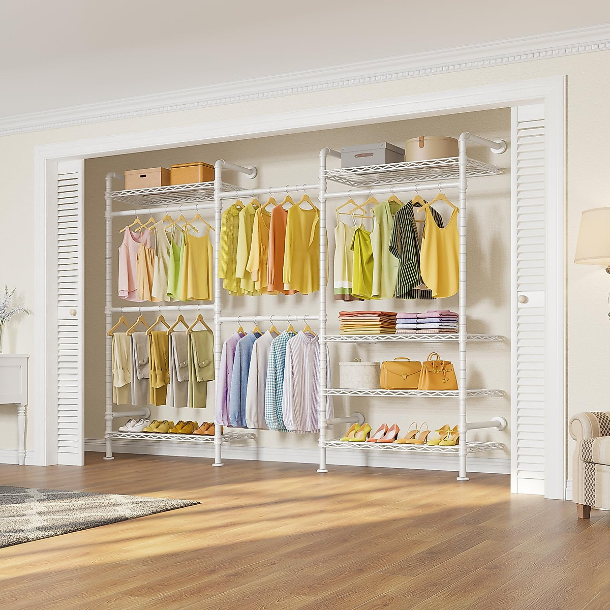 Timate F3 Garment Rack Heavy Duty Clothes Rack for Hanging Clothes, Expandable Industrial Pipe Wall Mounted Clothing Rack, Adjustable Storage Closet Wardrobe Closet Kit Walk in Closet Systems, White