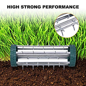 Goplus Rolling Lawn Aerator, 18-Inch Garden Yard Rotary Push Tine Heavy Duty Spike Soil Aeration, Manual Lawn Aeration Tool w/ 40.5-Inch Handle (Silver)