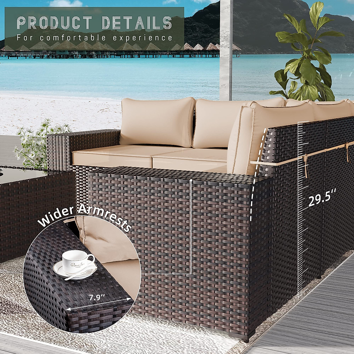 RTDTD Outdoor Patio Furniture Set, 6 Pieces Outdoor Furniture All Weather Patio Sectional Sofa PE Wicker Modular Conversation Sets with Coffee Table,5 Chairs & Seat Clips(Brown)