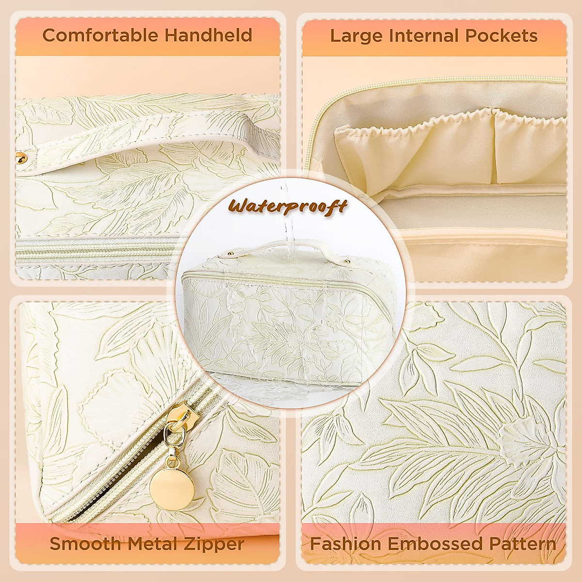 Large Capacity Travel Cosmetic,Makeup Bag Portable PU Leather Waterproof Flat Open Storage Bag with Handle Skincare Toiletry Bag for Women Graduation Gifts (White Embossed)