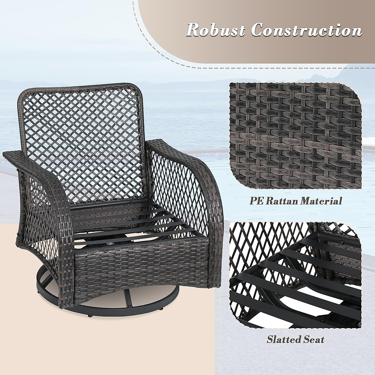 Athena Collection Swivel Patio Furniture Set, Outdoor Table and Chairs Set 3 Piece All Weather PE Rattan Conversation Set with Upholstered Seat and Backrest for Bistro, Garden, Backyard, Gray
