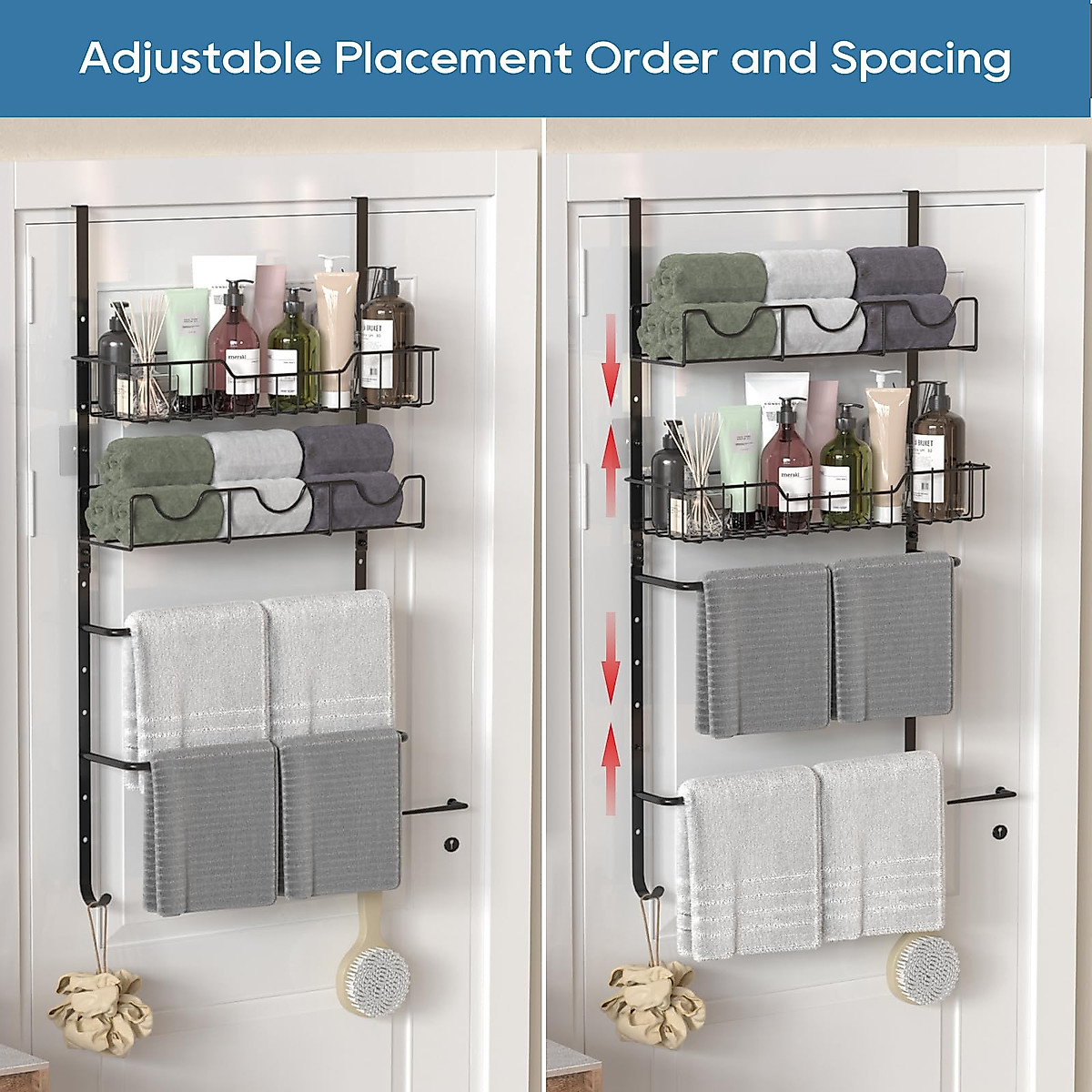 PAPAGIFTREE 4 Tiers Towel Racks for Bathroom Door Adjustable Bathroom Towel Holder with Storage Basket Towel Storage for Bathroom Towel Bar for Bathroom Over The Door Towel Bar for Bathroom