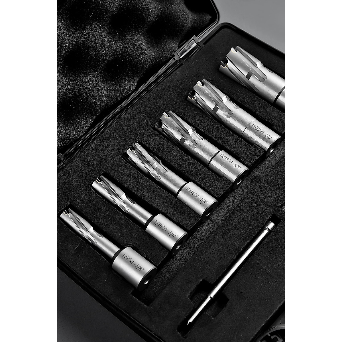 Annular Cutter Set Carbide 8pcs JESTUOUS 3/4 Inch Weldon Shank 1-3/8 Cutting Depth and Cutting Diameter from 1/2 to 1-1/16 Two Flat TCT Bit for Drill Press with 2 Pilot Pins