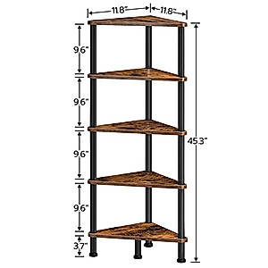 HOOBRO Corner Shelf with Metal Frame, Industrial 5-Tier Wall Corner Bookshelf Stand Display Plant Flower, Bookcase for Small Spaces, Bedroom, Living Room, Rustic Brown BF33CJ01