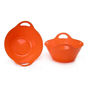 Mintra Home Plastic Bowls with Handles (4.5L Large 2pk, Orange) - 11.25W x 5inH (6.75inH with handles) - great for popcorn, snacks, drinks, candy, Halloween, trick or treat bowls