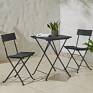 Lavish Home 80-OUTD BLK, Black Folding Patio Bistro Set – 3-Piece Rattan Wood and Steel Café Table and Chairs for Porch, Deck, Garden, or Balcony Furniture
