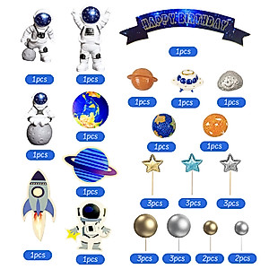 Ayearparty 32Pcs Space Cake Toppers Outer Space Cake Decorations Astronaut Figurines Planet Rocket Stars and Satellite Pearl Balls DIY Cake Toppers for Boys Birthday Baby Shower Themed Party Supplies