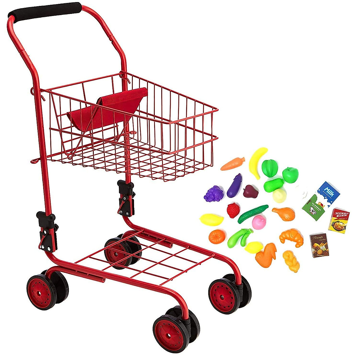 The New York Doll Collection Toy Shopping Cart for Kids and Toddler - Includes Food - Folds for Easy Storage - with Sturdy Metal Frame (Red)