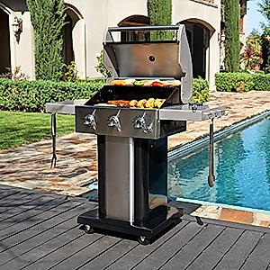 Permasteel 3-Burner Gas Grill | Cast Iron Cooking Grates, Grilling Tools Holder, Foldable Sides, PG-A40301-BK, Pedestal Style, 30000 Total BTUs - Black