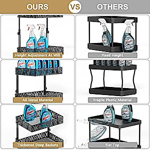 Iirios Under Sink Organizers and Storage, Height Adjustable 2-Tier Bathroom Cabinet Organizer, Metal Bathroom Sink Organizer with 4 Hooks, Multi-use Under Sink Storage for Bathroom Kitchen, 2 Pack