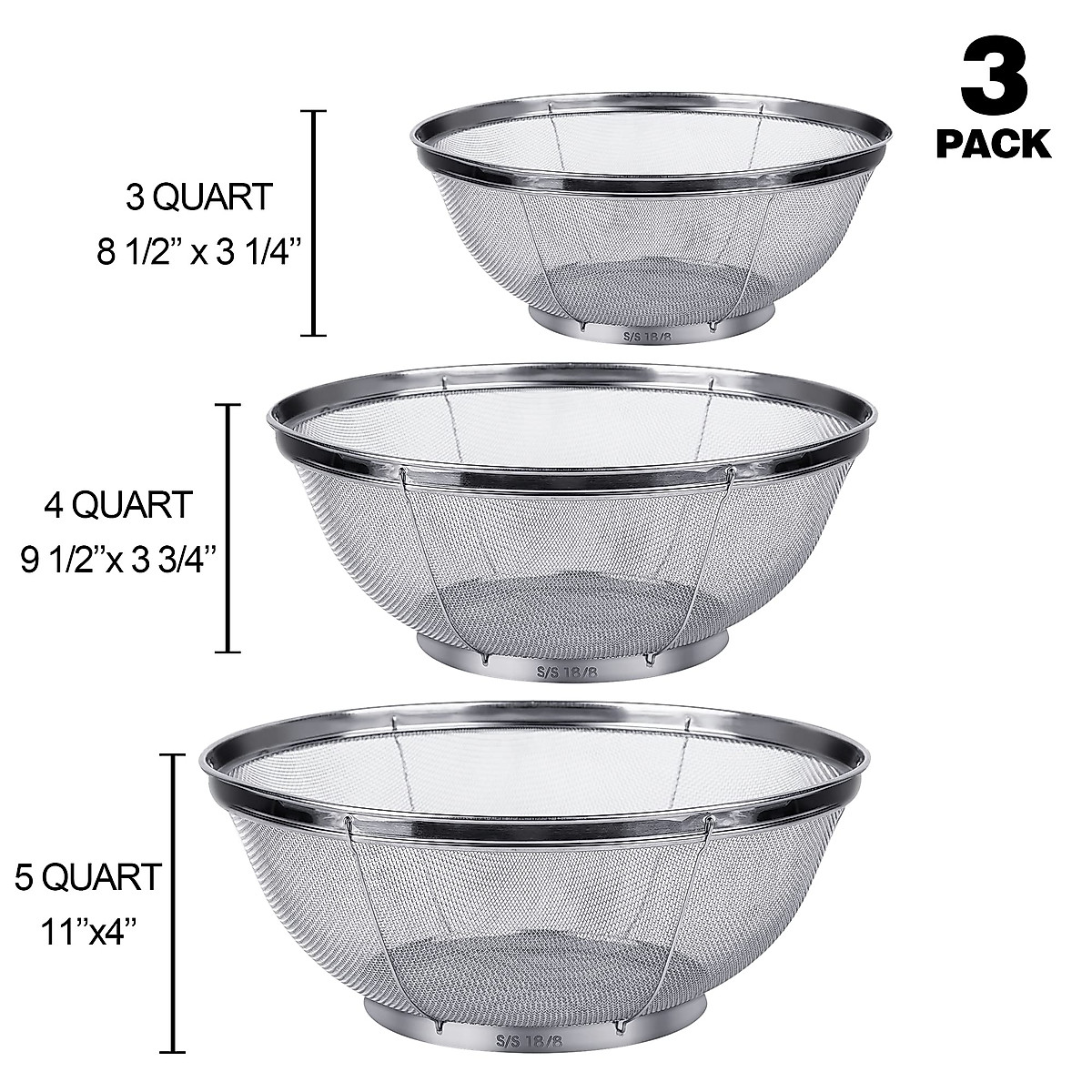 3 Pack Strainers for Kitchen, 18/8 Stainless Steel Colander, Fine Mesh Strainer for Pasta, Rice and Fruit, Sieve for Strain, Drain, Rinse or Steam (5-Quart, 4-Quart and 3-Quart)