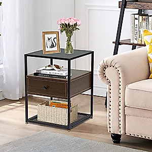 Kinfant End Table Set with Drawer - Nightstand Bedside Table with Mesh Shelf, Side Table with Glass Top for Hallway, Living Room, Bedroom, Rustic Brown and Black (2)