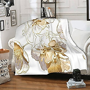 Blanket,Silver White with Light Gold Cherry Flowers Black Sakura Floral,Throw Blanket Lightweight Soft Warm Blanket Flannel Fleece Blankets for Couch Living Room 80"x60"