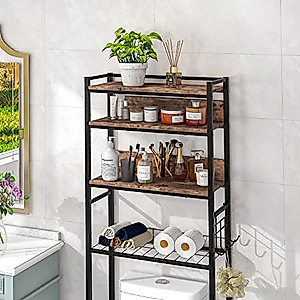 HOJINLINERO Over The Toilet Storage Shelf, 4-Tier Bathroom Over The Toilet Organizer Rack with 4 Hooks, Bathroom Shelf for Bathroom, Space Saver, Metal Frame, Rustic Brown