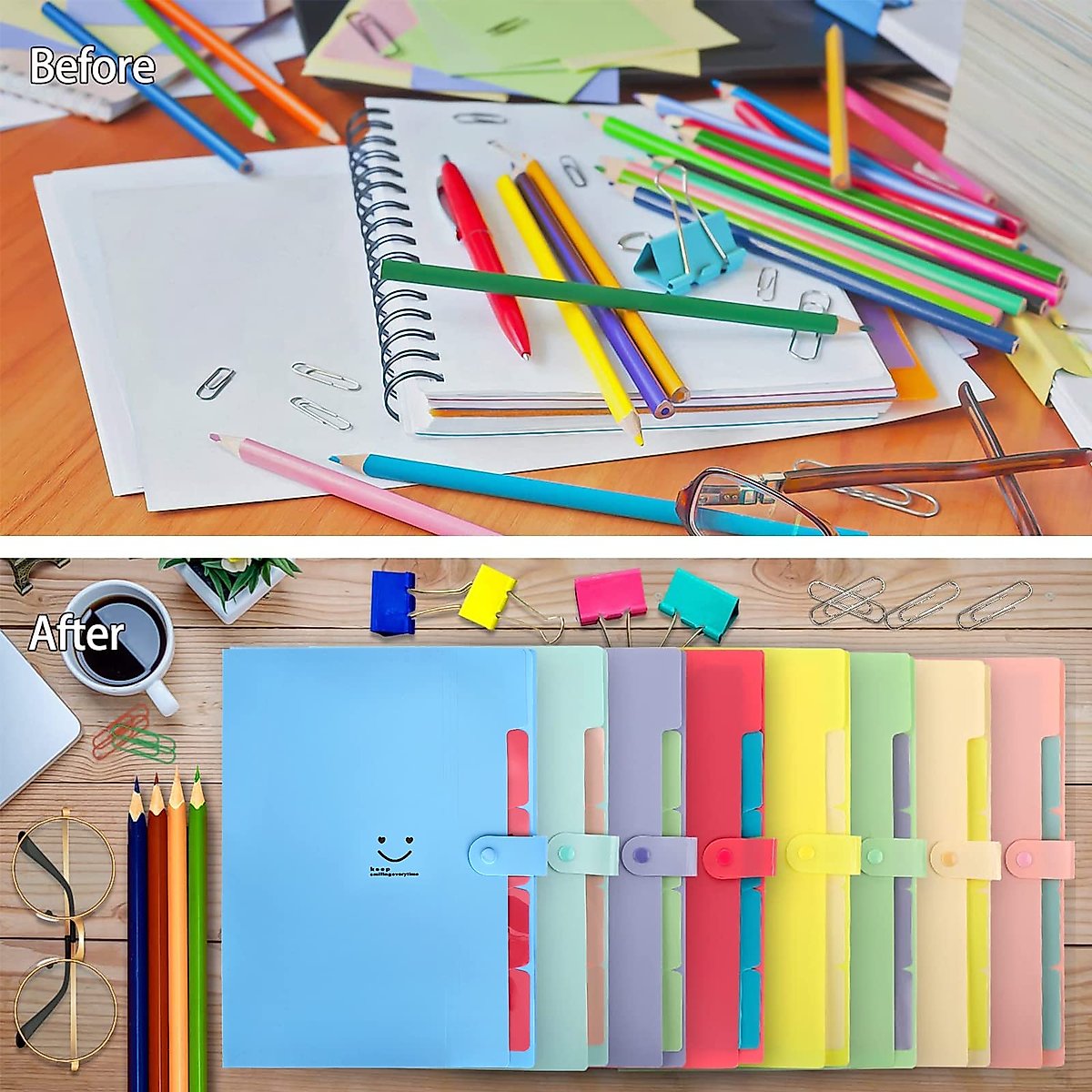 EOOUT 8pcs Expanding File Folder, 5 Pockets Accordion Folder File Organizer A4 Letter Size with 64 Labels, for School and Office