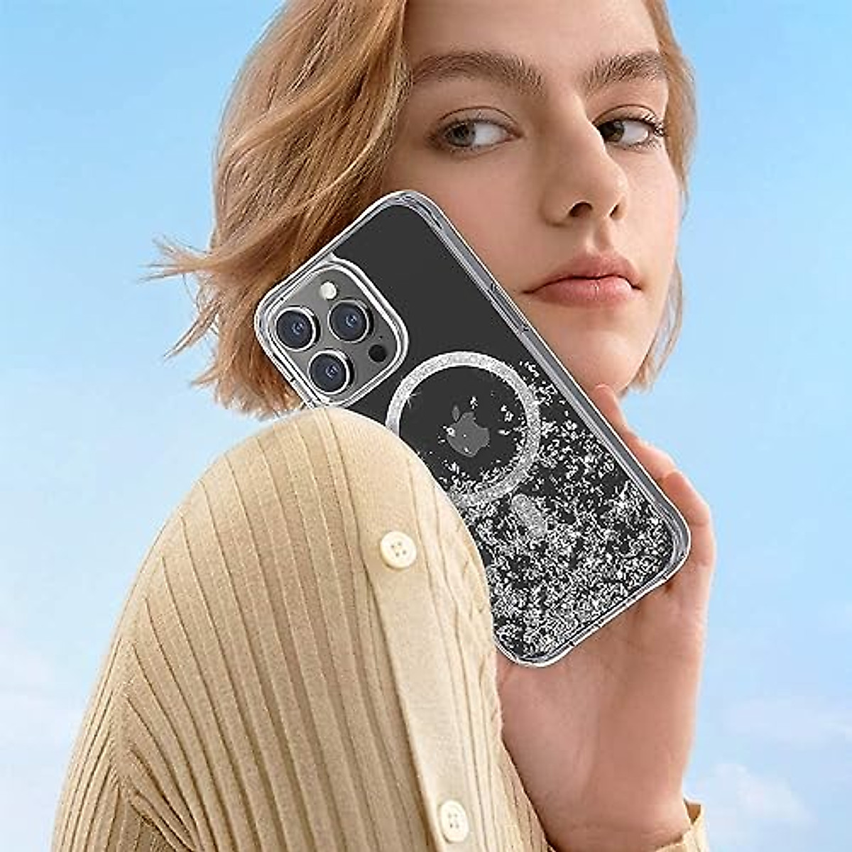 YAKGWERC【Bling Magnetic Ring Design Magnetic Glitter Case for iPhone 13 Pro Max [Compatible with MagSafe] [3-D Craft Glitter] Sparkly Cover for Women Girls, Clear Shockproof Silicone Bumper - Silver