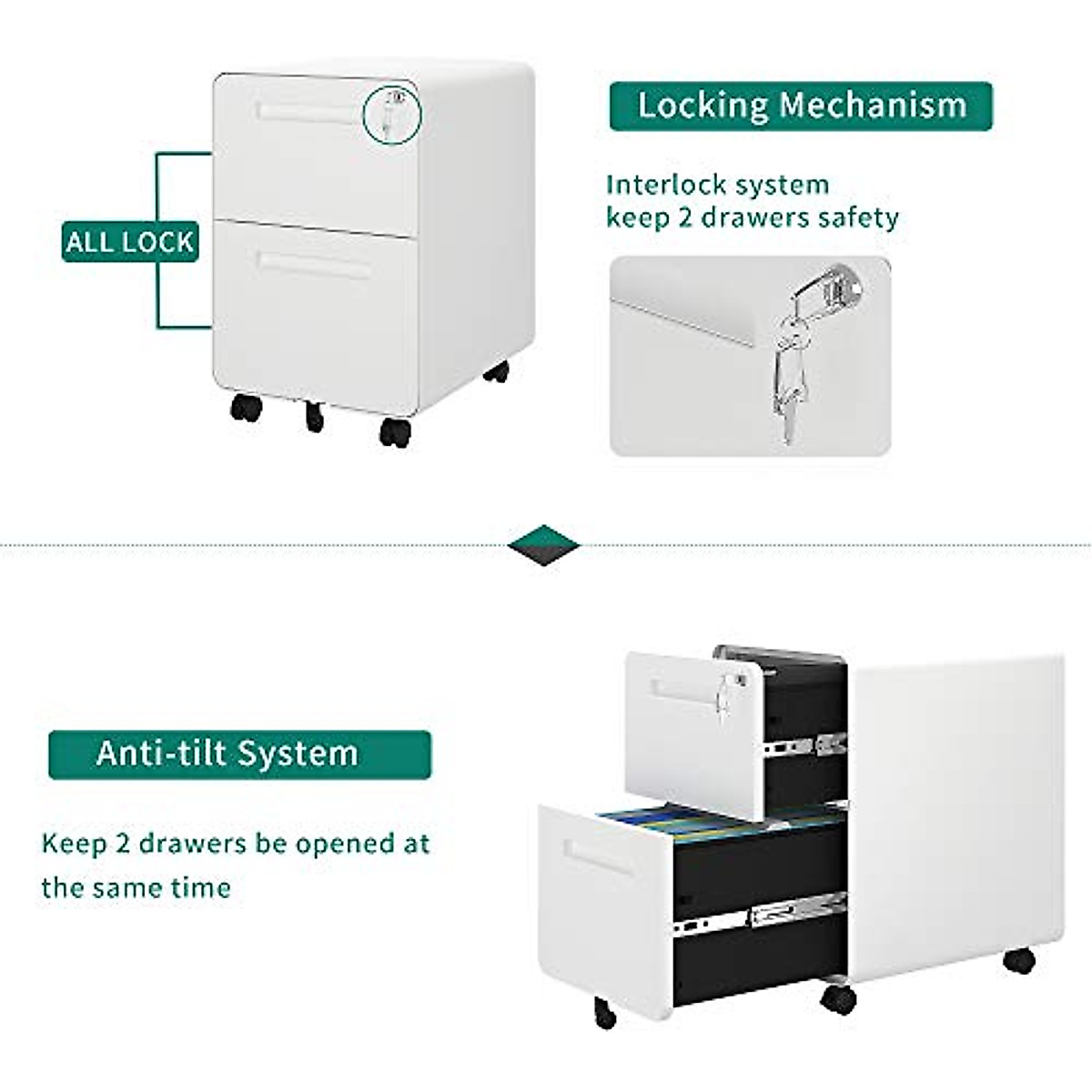 YITAHOME 2 Drawer Rolling File Cabinet, Metal Mobile Filing Cabinet with Lock Under Desk, Anti-Tilt File Cabinet for Legal/Letter Files in Commercial Office Home, White