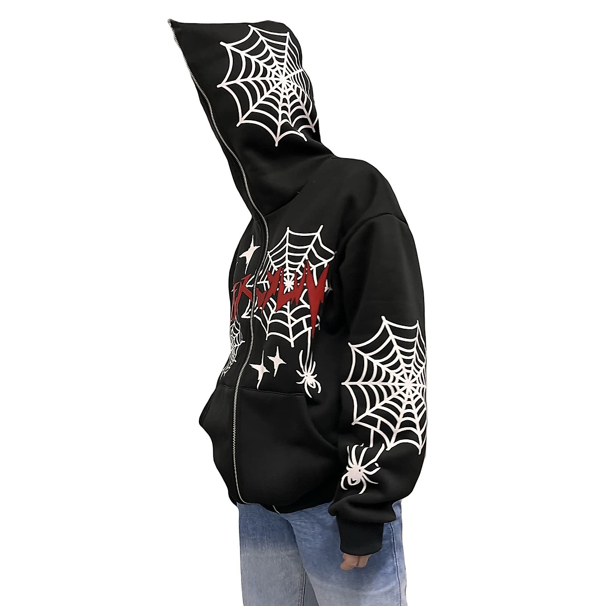 Megecaggfy Womens Men Y2k Full Zip Up Hoodie Vintage Graphic Oversized Sweatshirt Fashion Jacket Streetwear (Black 2, L)