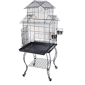 55" Rolling Standing Triple Roof Top Medium Bird Cage for Mid-Sized Parrot Cockatiel Sun Parakeet Green Cheek Conure Caique Pet Bird Cage with Detachable Stand