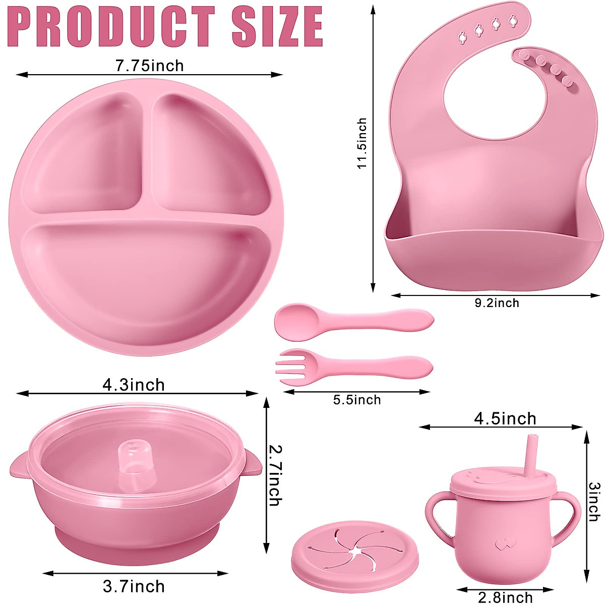3 Sets Baby Led Weaning Supplies, Silicone Baby Feeding Set with Divided Plate Adjustable Bib Suction Bowl with Lid Snack Cup Soft Spoon Fork, Toddler Self Eating Utensil (Purple, Mint, Pink)