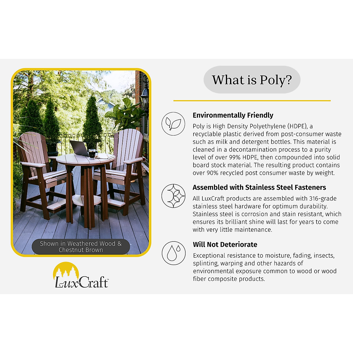 LuxCraft Plastic Poly Adirondack Balcony Chair with Built-in Footrest, Counter Height Outdoor Patio Dining Chair (Weatherwood & Chestnut Brown)