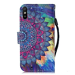 EMAXELER Xiaomi Redmi 9A Case 3D Creative Pattern PU Leather Wallet Diamond Case Bookstyle Flip Stand Card Holder Shockproof Magnetic Cover for Xiaomi Redmi 9A CY Oil Painting Mandala.
