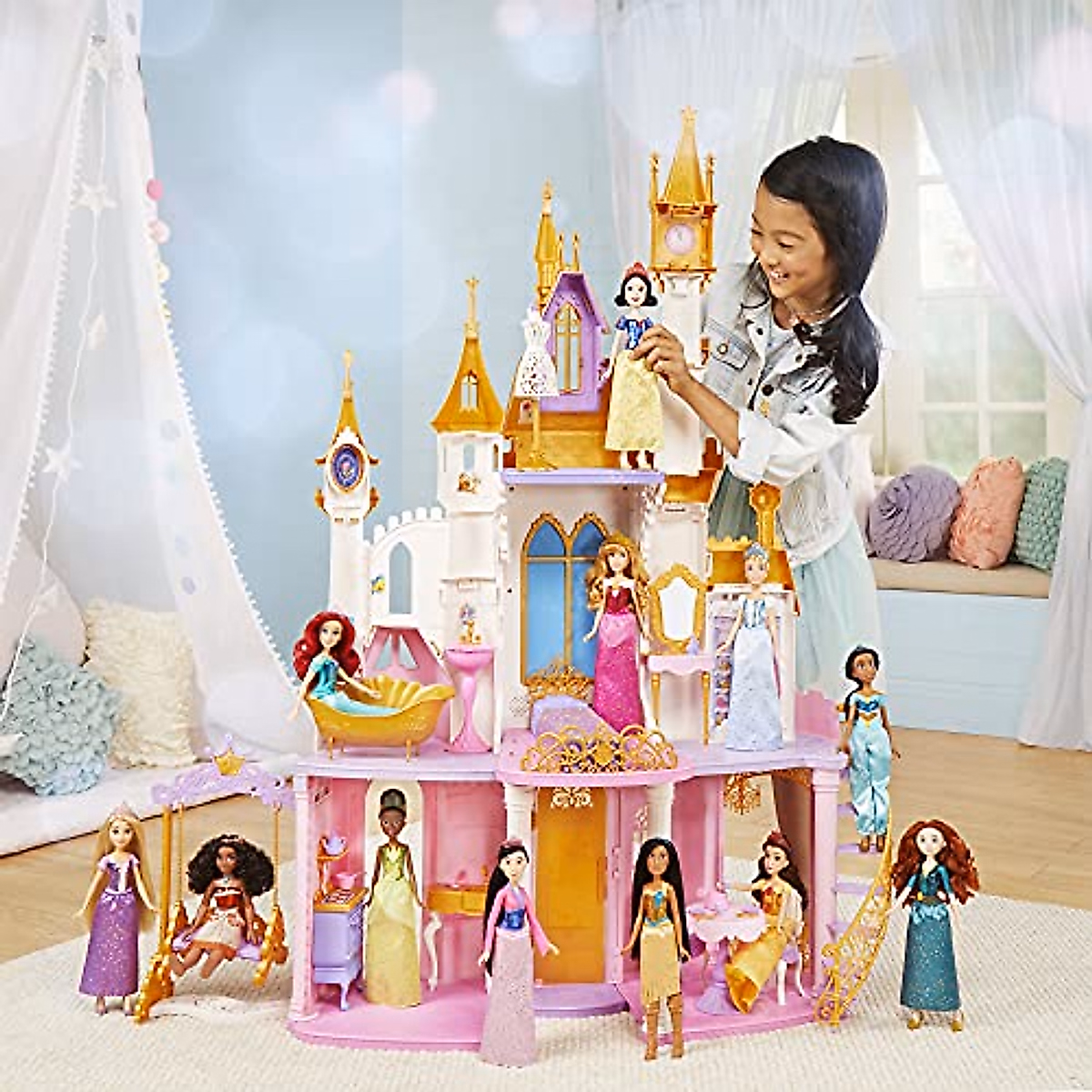 Disney Princess Ultimate Celebration Castle, 4 Feet Tall Doll House with Furniture and Accessories, Musical Fireworks Light Show, Toy for Girls 3 and Up