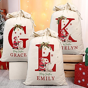 Personalized Santa Sack with Initial & Name for Kids Custom Christmas Gift Bags for Holiday Presents, Christmas Eve Box Large Sack Bags