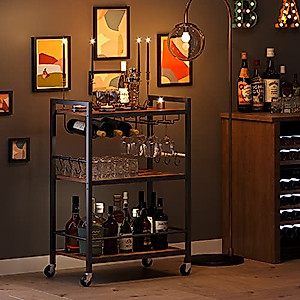 TUTOTAK Bar Cart, Serving Cart for Home, Microwave Cart, Drink Cart, Mobile Kitchen Shelf with Wine Rack and Glass Holder, Rolling Beverage Cart BC01BB030