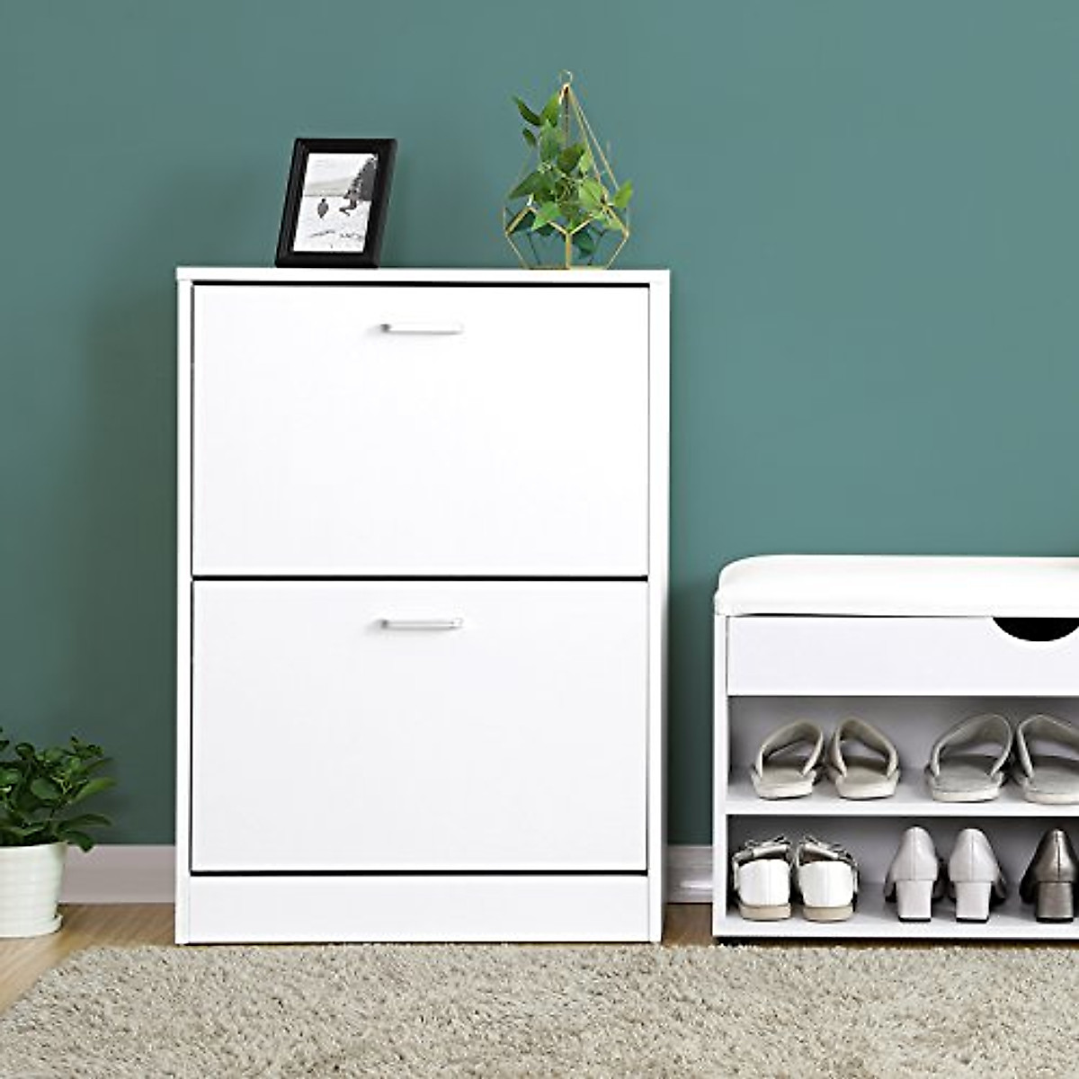 VASAGLE Shoe Cabinet with 2 Flip Doors, Adjustable and Removable Divider, for 12 Pairs of Women's Shoes or 8 Men's Shoes, for Narrow Entrance, 60 x 24 x 83.5 cm (L x W x H), White LBC02WT