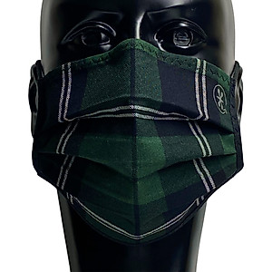JaxMask® | Hunter Green & Black Christmas Holiday Plaid Cloth Face Mask | Tartan Buffalo Check 2 Layer Pleated Washable & Reusable With Nose Wire | 'SilentNight Collection' (Green Plaid)