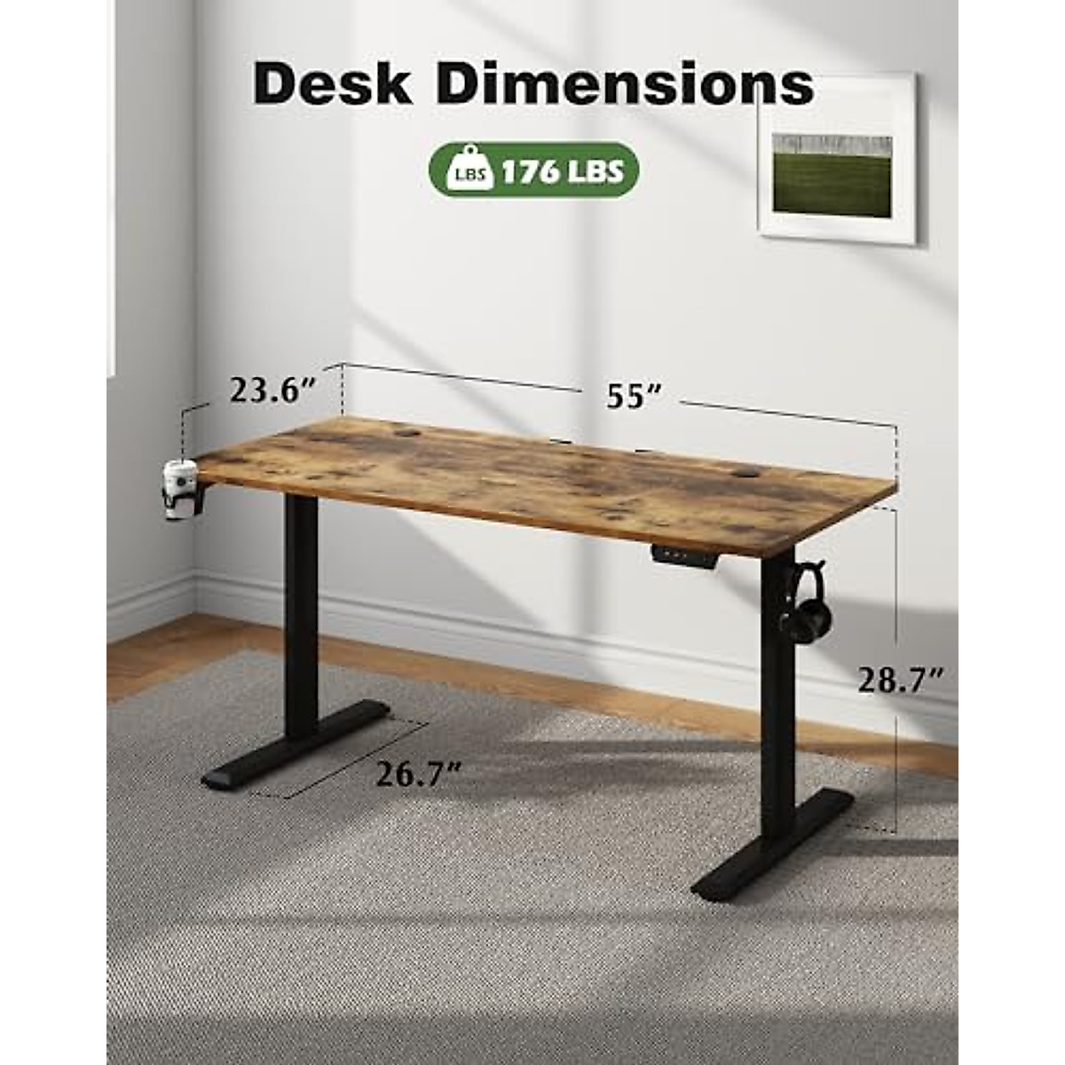 Shahoo Electric Standing Desk, 55 x 24 Inches Height Adjustable Corner Table, Computer Workstation with Cup Holder and Hook for Home Office, Rustic Brown