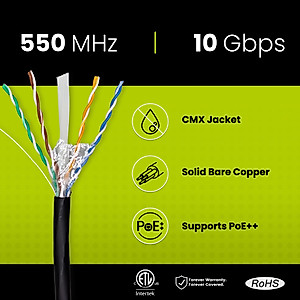 trueCABLE Cat6 Outdoor, Unshielded UTP, 1000ft, UV Resistant, CMX Rated, Black, 23AWG Solid Bare Copper, 550MHz, PoE++ (4PPoE), ETL Listed, Bulk Ethernet Cable