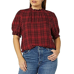 Amazon Essentials Women's Fluid Twill Short Puff Sleeve Smock Detail Shirt, Red/Black, Medium Plaid, XX-Large
