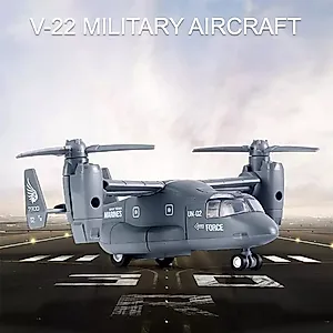 Diecast Metal Military Transport Helicopter V-22 Osprey - 1:400 Scale Alloy Model Plane Transporter Aircraft with Pullback Action, Lights and Sound