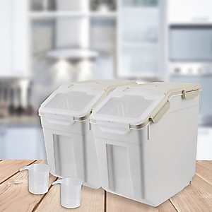 Rice Storage Container 25 lb (15 Liters) with Measuring Cup, 2 Packs Flour Storage Containers with Wheels, BPA Free Rice Dispenser Bin for Rice | Grain | Pet Food | Flour - Grey