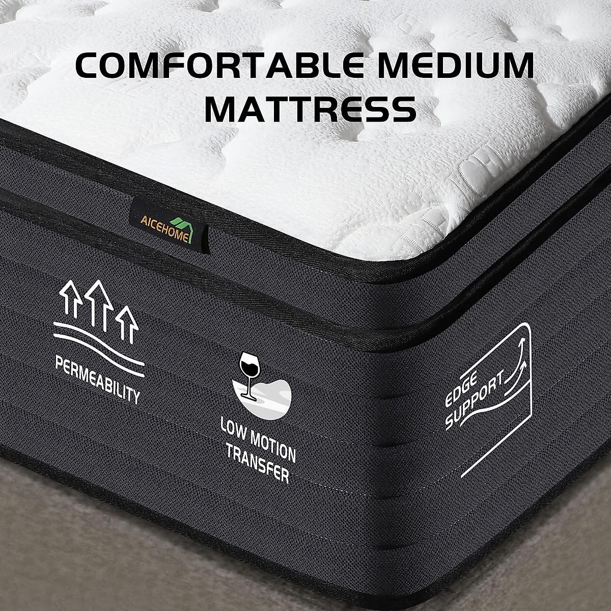 AICEHOME Queen Size Mattress, 14 Inch Individual Pocket Springs with Gel Memory Foam, Medium Firm Mattress in a Box, Memory Foam Hybrid Queen Mattresses,Pressure Relief