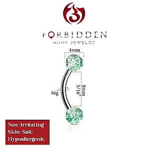 Forbidden Body Jewelry 16g 8mm Daith Earring, Eyebrow Ring and Rook Piercing, Surgical Steel, Green Glitter End Balls