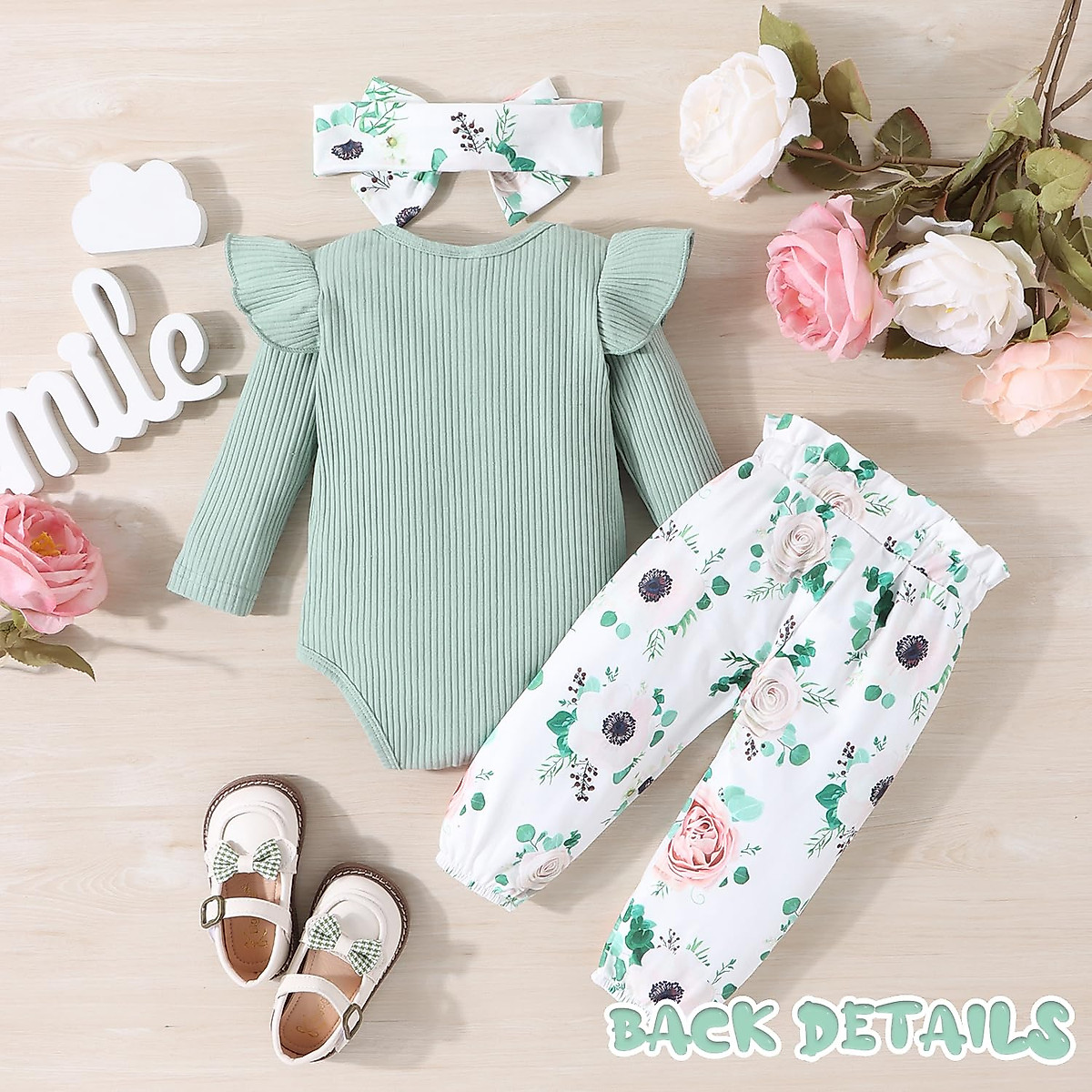 GDTOGRT Baby Girl Clothes Newborn Outfit Infant Ruffle Sleeve Romper and Floral Pants with Cute Headband Sets Baby Clothes for Girls 0-3 Months - Green