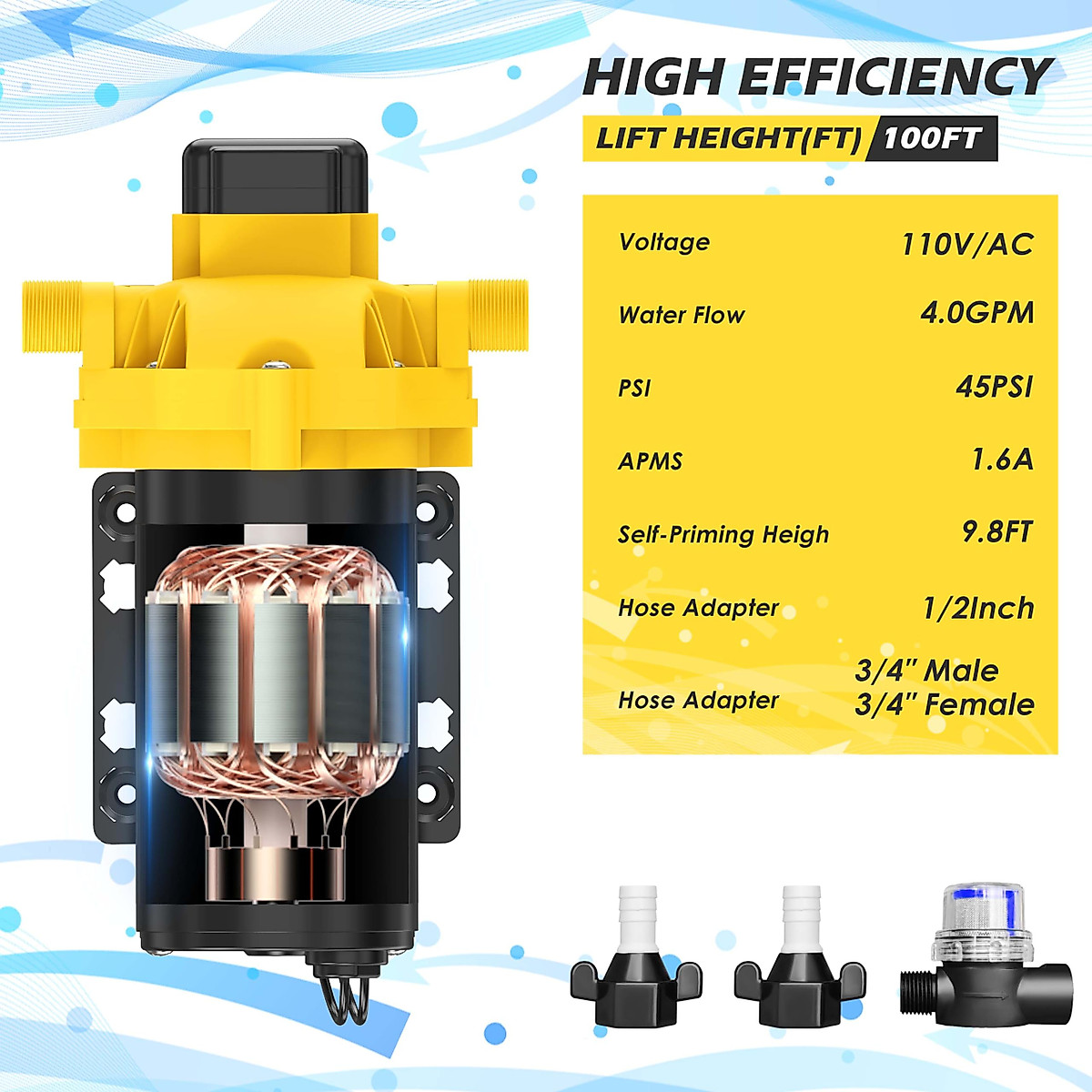 YOMILINK Fully Self-priming Water Pump, 110V 4.0 GPM 45 PSI, Automatic On-Demand Diaphragm Pump, for Kitchen, Bathroom RV, Marine Yacht, Lawn Garden, House, Fish Tanks, Small Fountains, Rain Barrels